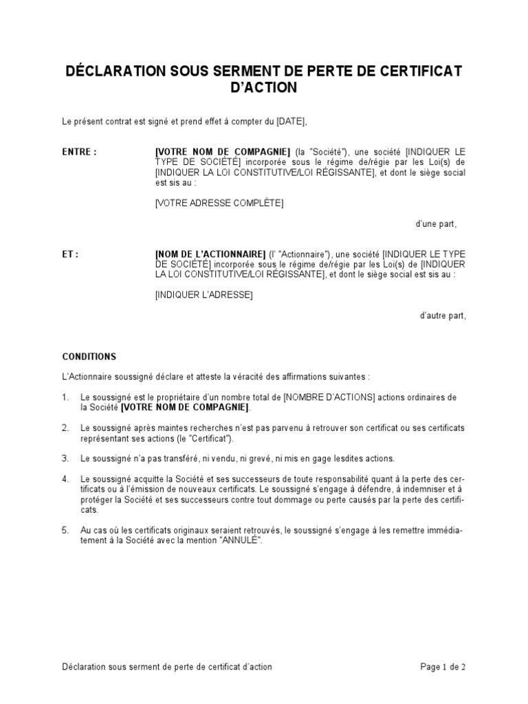 Déclaration de perte de certificat d'action | PDF