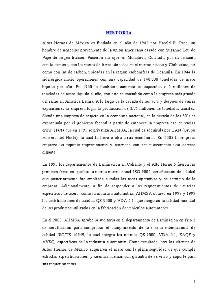 Historia de Ahmsa y Alto Horno 5 | PDF | Materiales