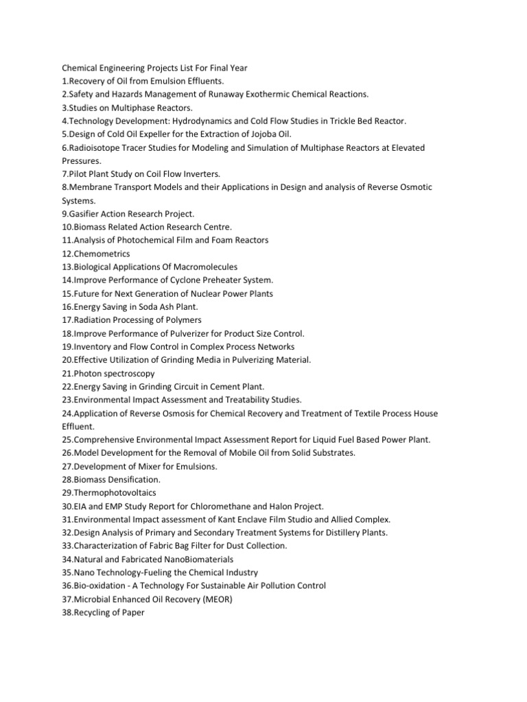 Chemical Engineering Projects List For Final Year | PDF | Polymers ...