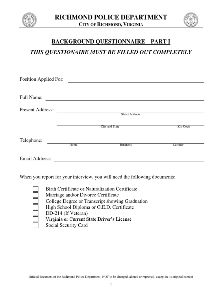 RPD Background Questionnaire | PDF | Driving Under The Influence | Theft