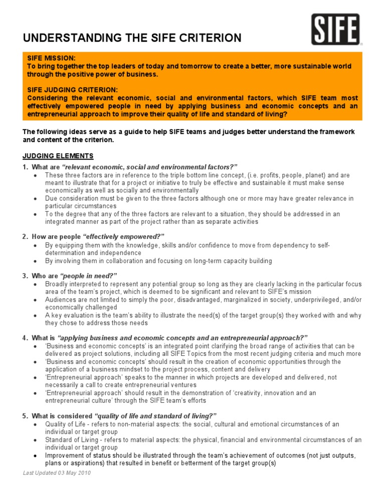 Understanding The SIFE Criterion 05 03 2010 | PDF | Entrepreneurship ...