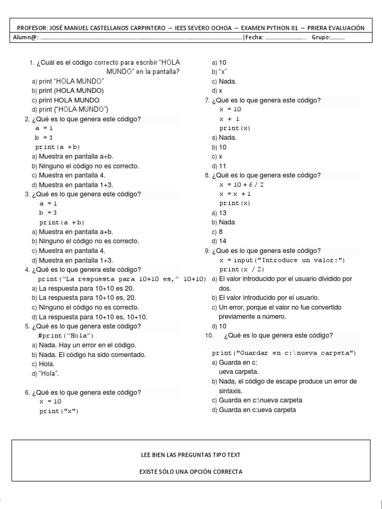 Examen de Python: Preguntas y Respuestas | PDF | Informática