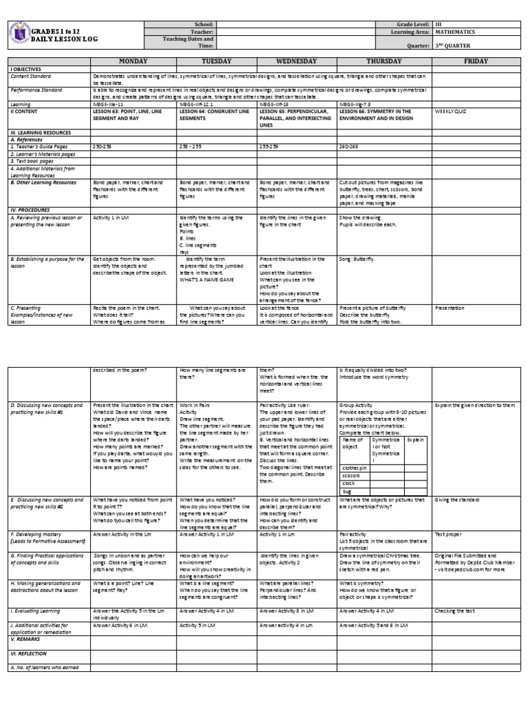 DLL - Mathematics 3 - Q3 - W6 | PDF | Symmetry | Cognition