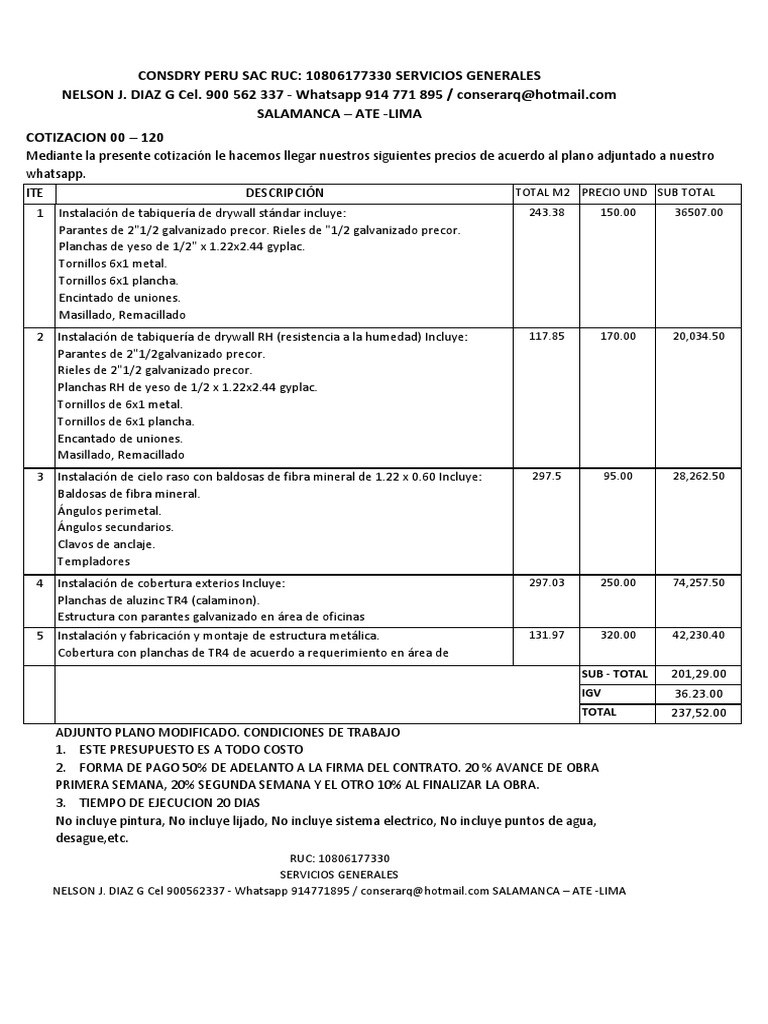 Cotización para la instalación de tabiquería, cielo raso y estructura metálica en un proyecto de ...