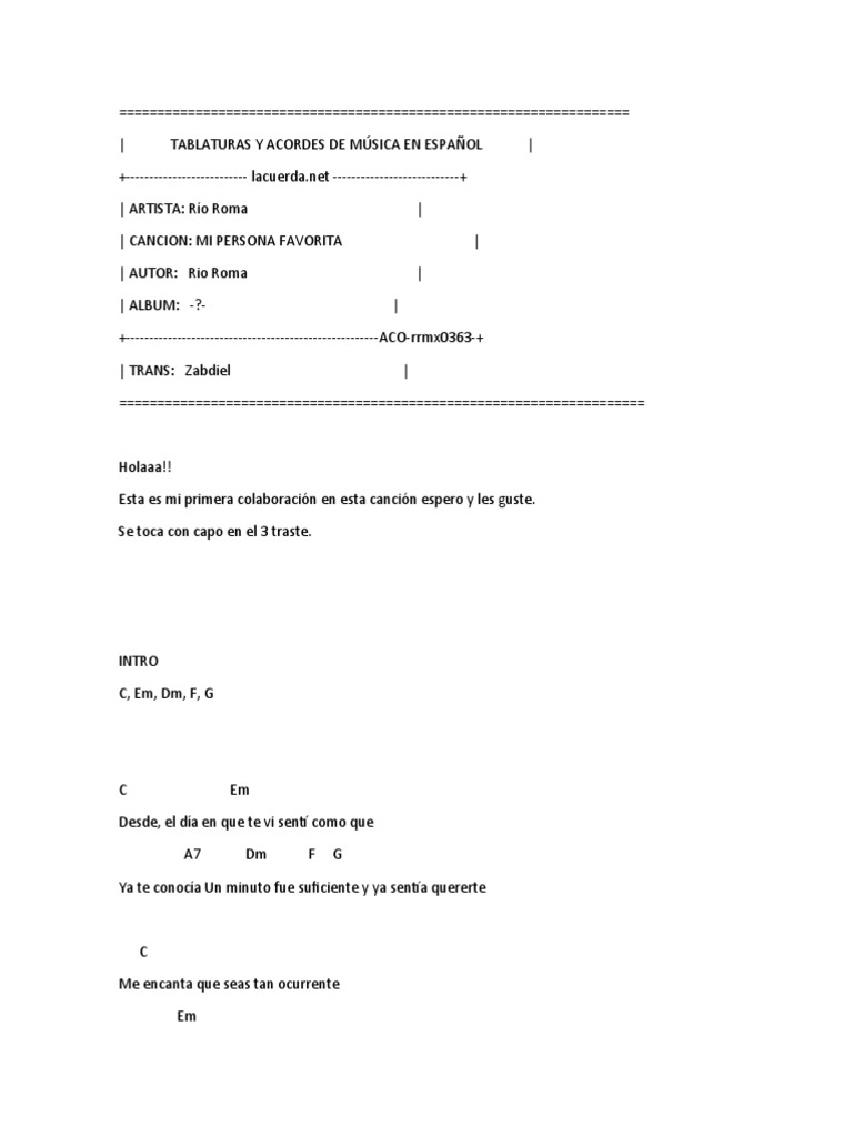 Tablaturas y acordes de la canción 'Mi Persona Favorita' de Río Roma ...