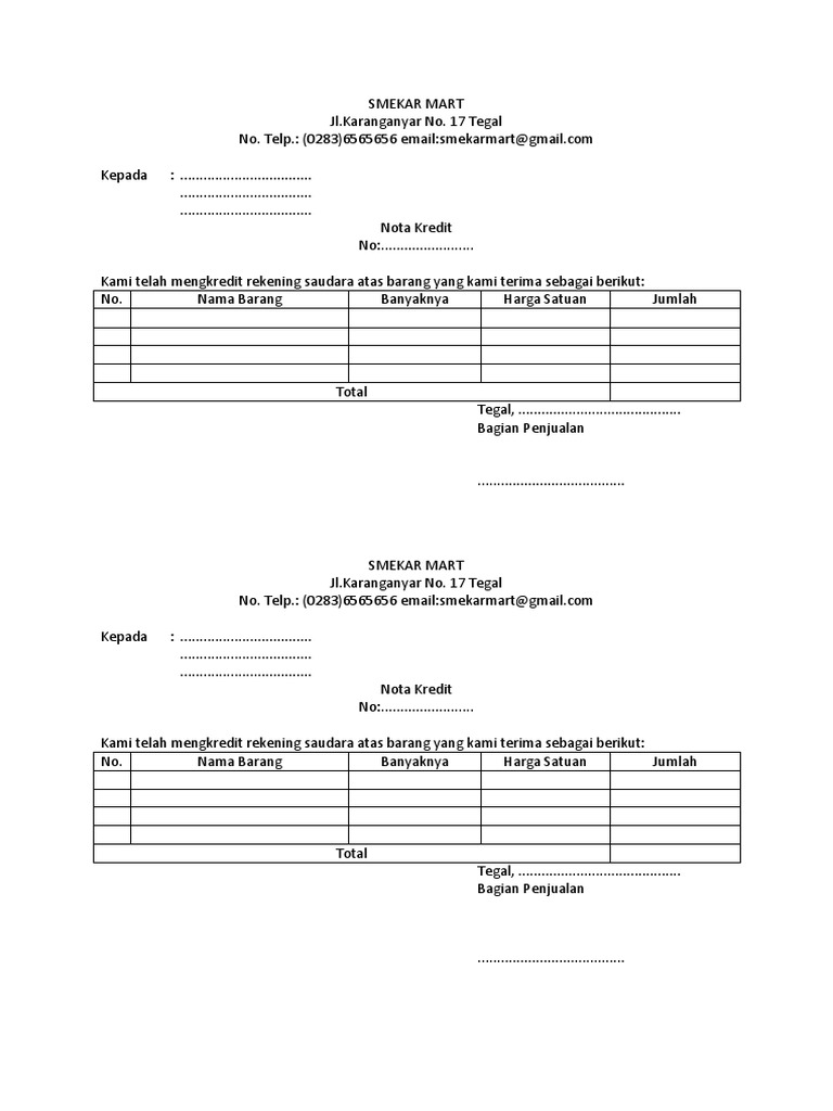 Contoh Nota Kredit SMEKAR MART | PDF