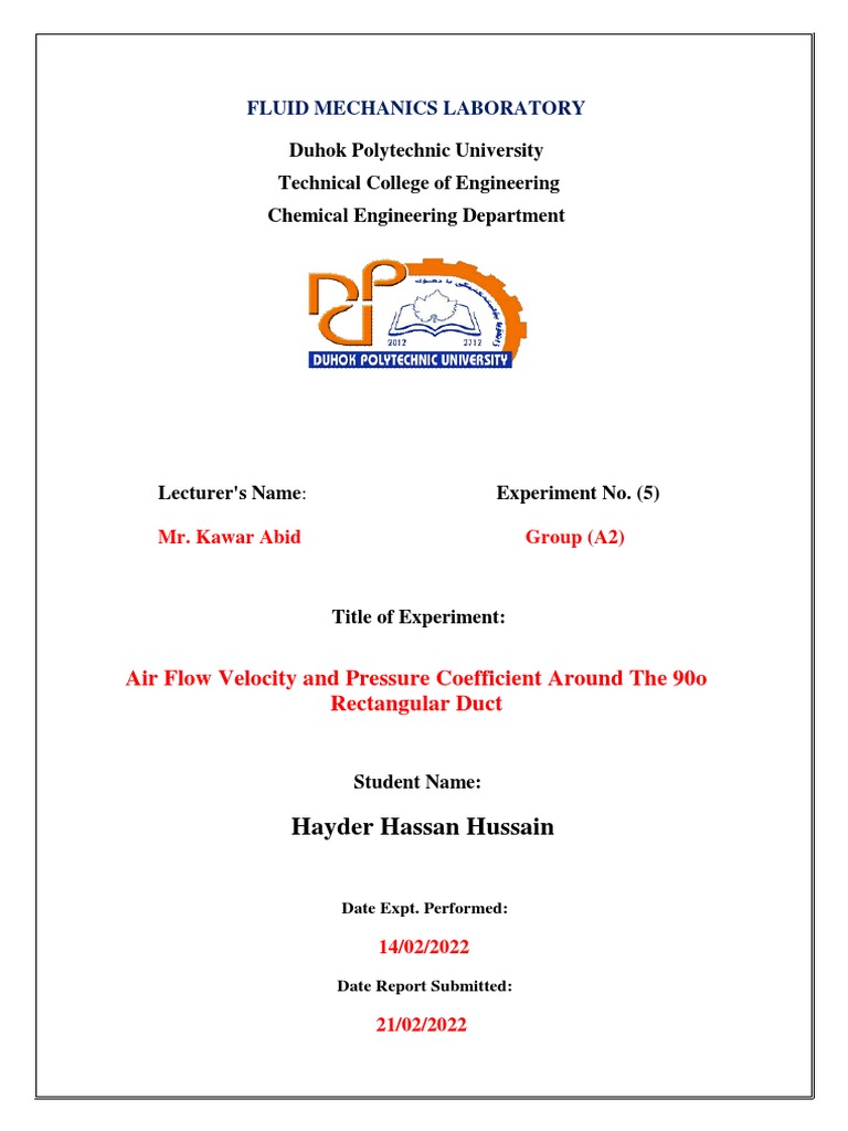 Air Flow Velocity and Pressure Coefficient Around The 90o Rectangular Duct (Fluid Exp 5) | PDF ...