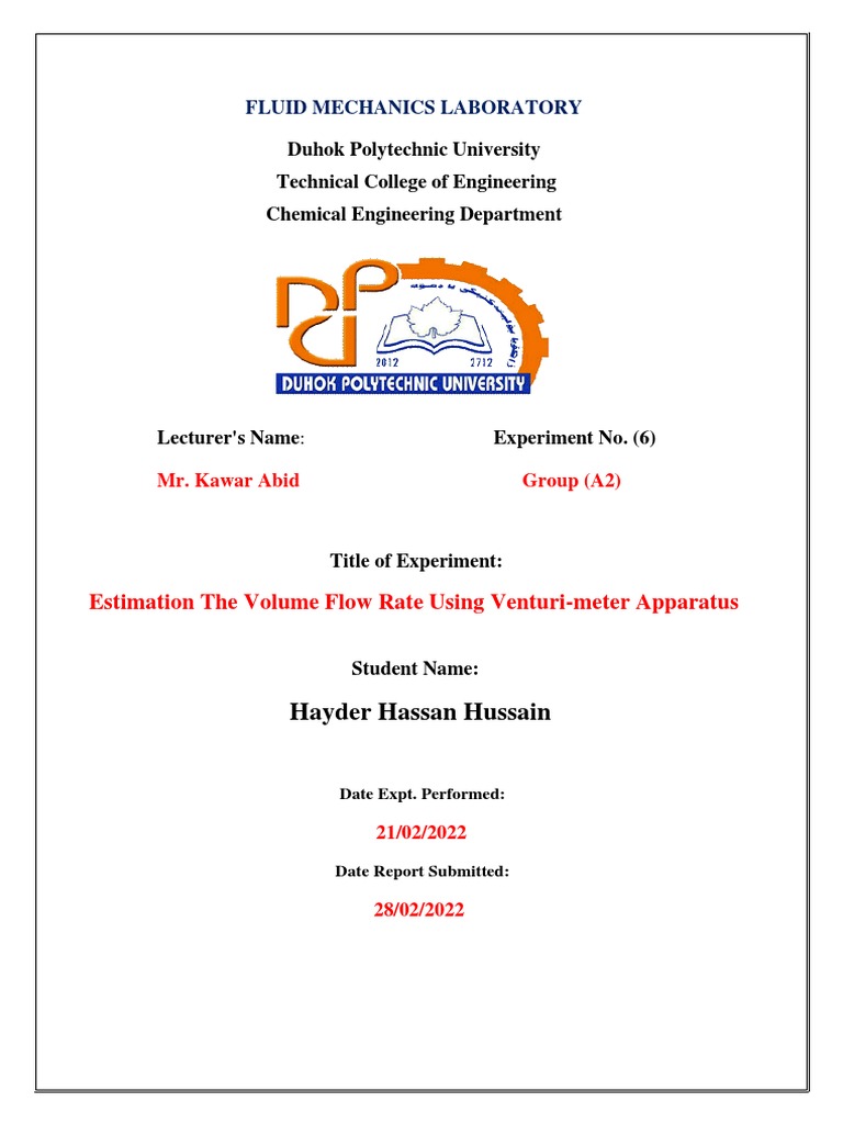 Estimation The Volume Flow Rate Using Venturi-Meter Apparatus (Fluid Exp 6) | PDF | Fluid ...