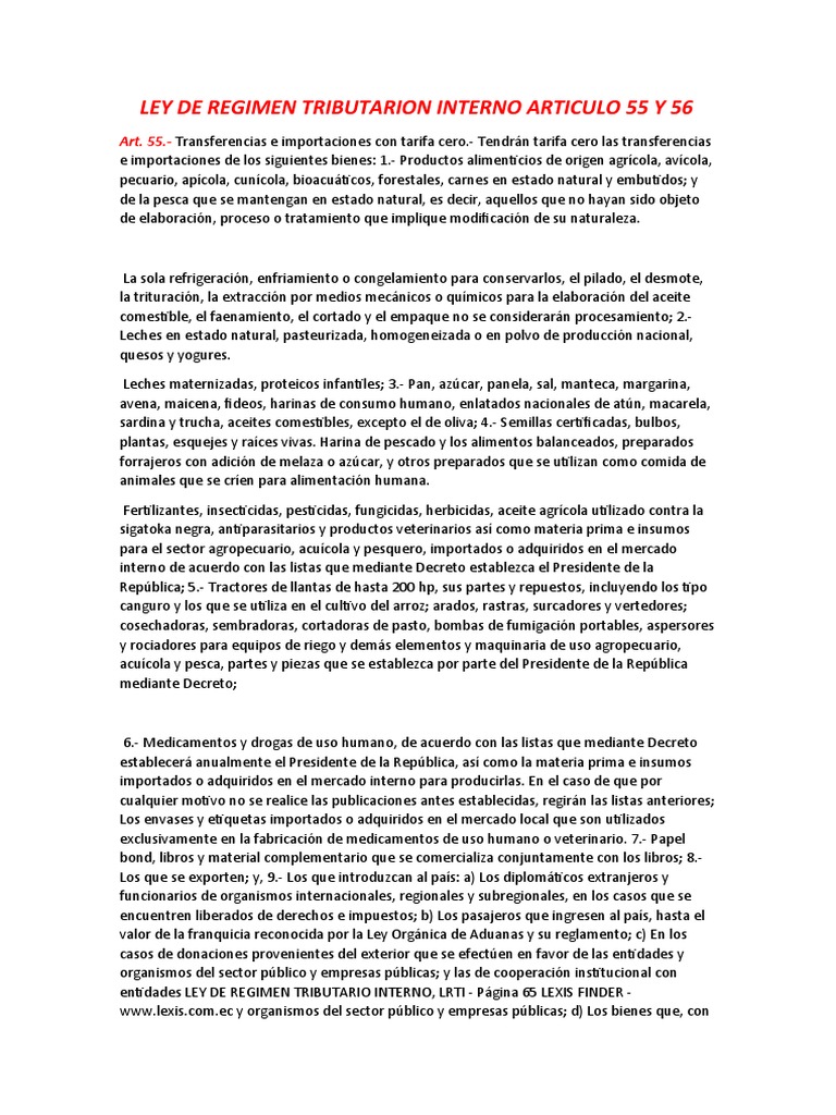 Ley de Regimen Tributarion Interno Articulo 55 y 56 | PDF | Alimentos | Ecuador