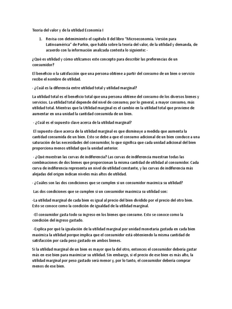 Teoría Del Valor y de La Utilidad Economía I | PDF | Utilidad ...