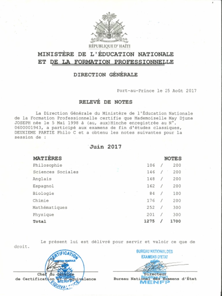 Relevé de Notes Bacc | PDF