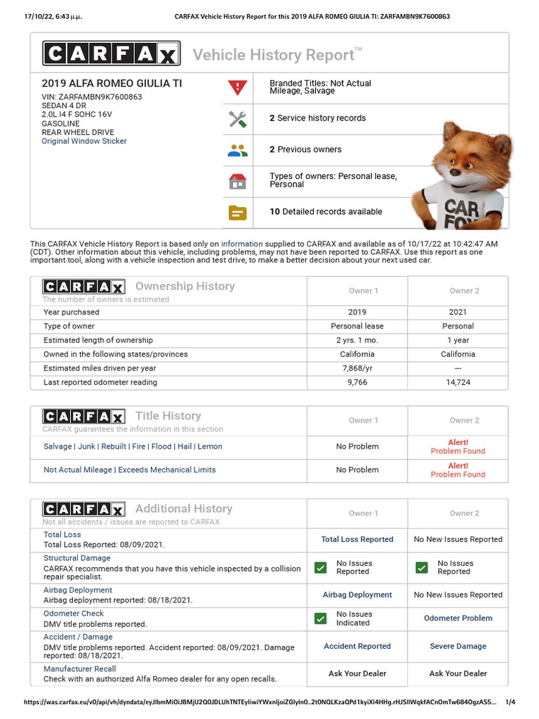 americanGiuliaCARFAX Vehicle History Report For This 2019 ALFA ROMEO ...