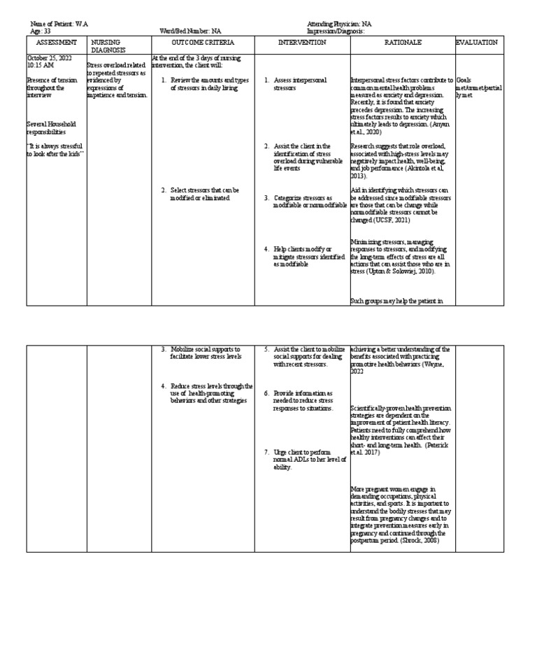 Nursing Care Plan for Stress Overload | PDF | Stress (Biology) | Social ...