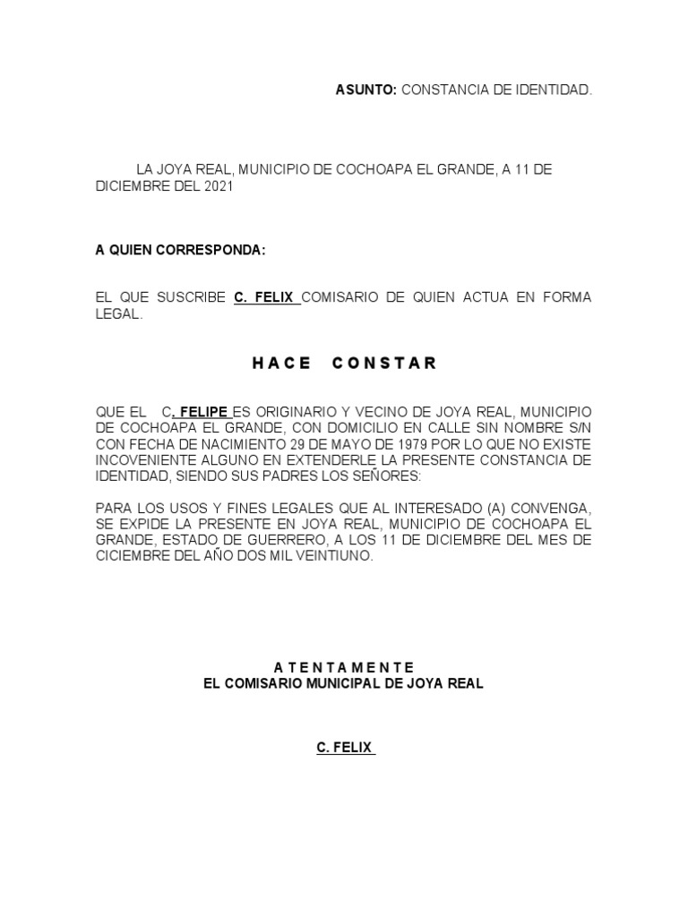 Constancia de identidad expedida en Joya Real, Guerrero | PDF