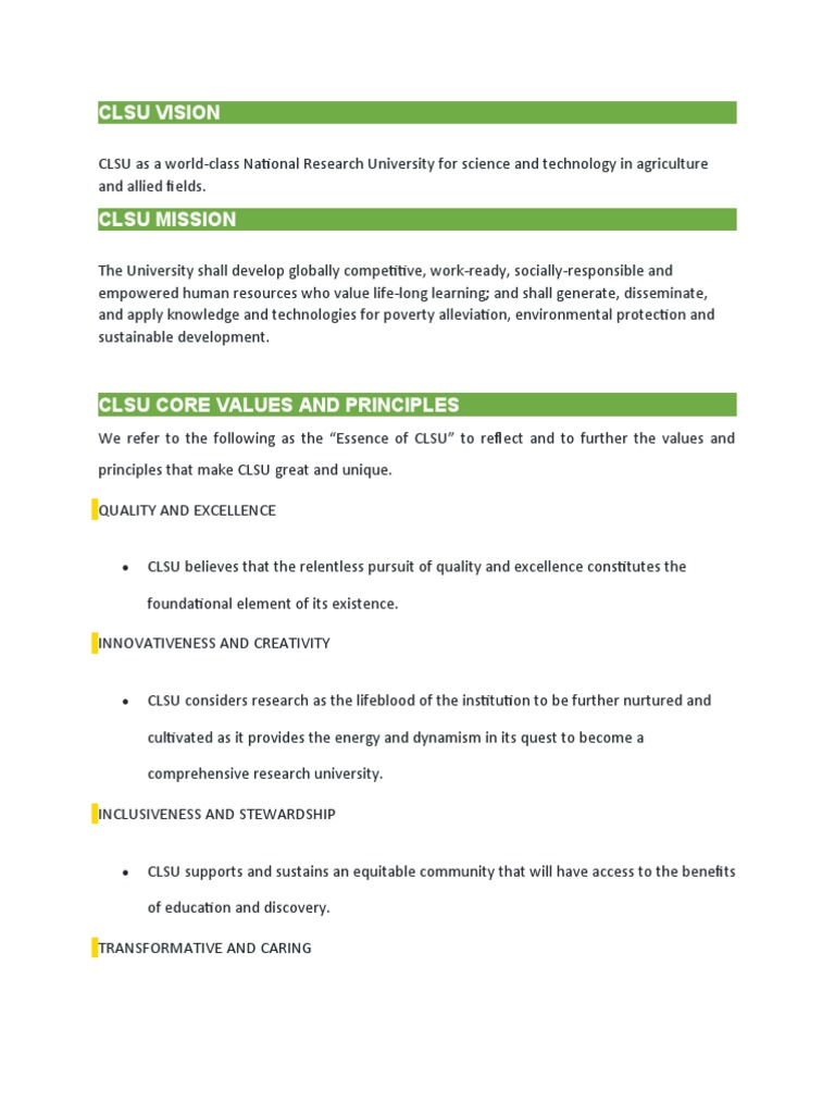 CLSU Vision, Mission, and Goals | PDF | Accounting | Corporate Social ...
