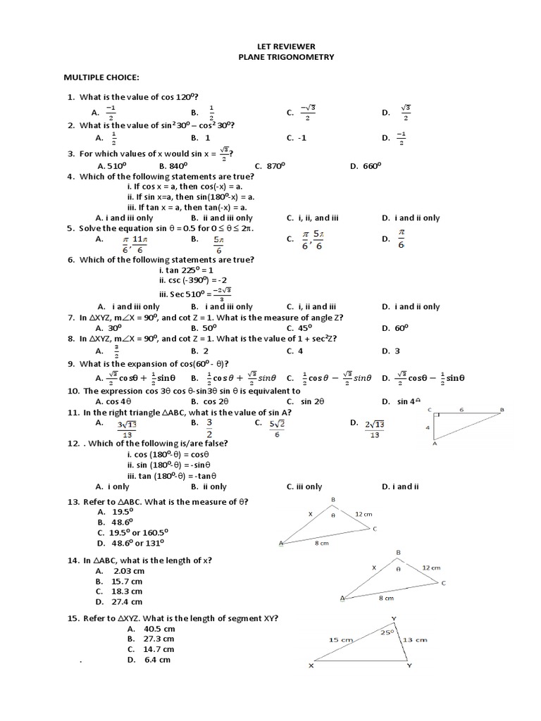 Math Let Reviewer 43 Plane Trigonometry Pdf Trigonometric Functions