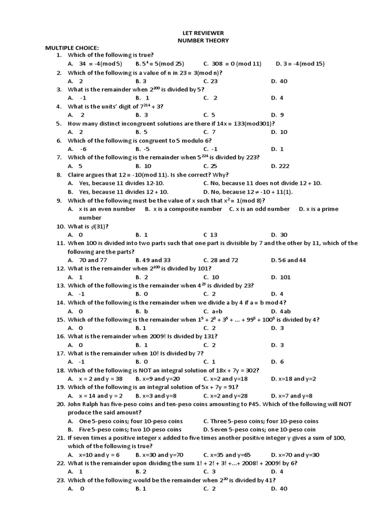 Math Let Reviewer 39 Number Theory | PDF | Number Theory | Mathematics