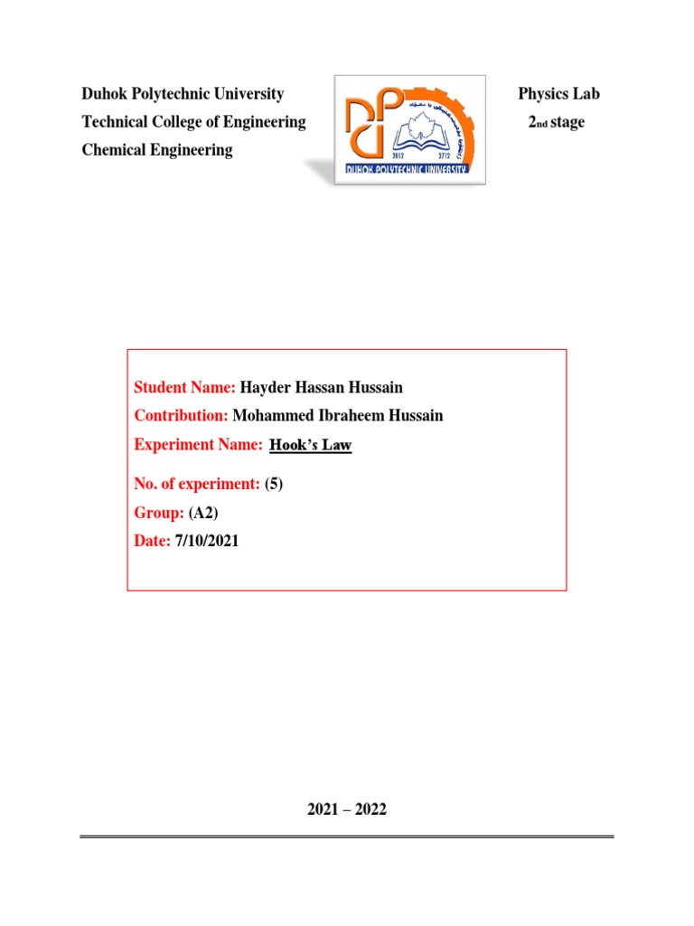 Hook's Law - Physics Exp 5 | PDF | Force | Solid Mechanics