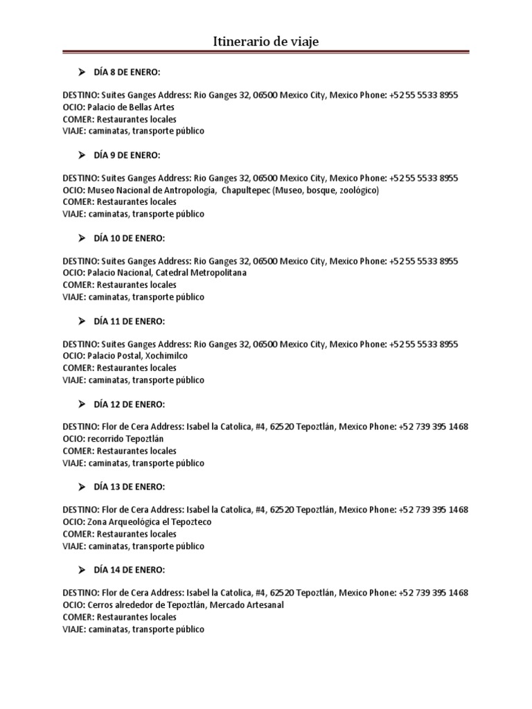 Itinerario de Viaje Mexico | PDF