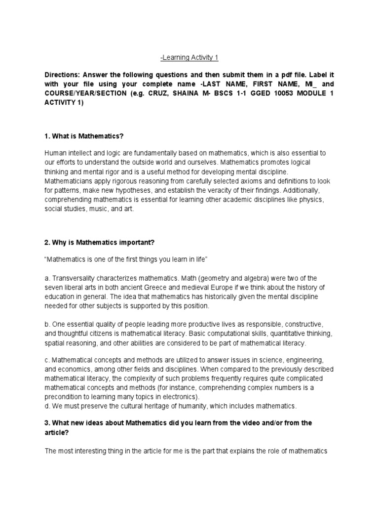 Vicente, Vethina V - BCS 2-4 Gged 10053 Module 1 Activity 1 | PDF | Mathematics | Observation
