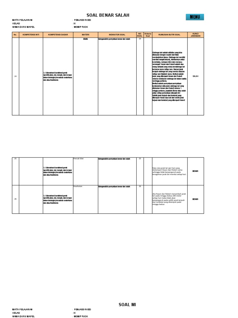 Kisi2 Pat Penjas Kelas 9 Genap 2122 | PDF