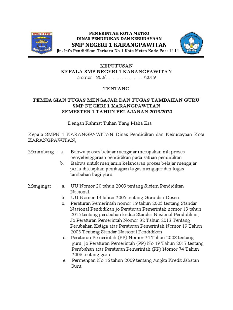 SK Pembagian Tugas Guru SMP 2019 | PDF