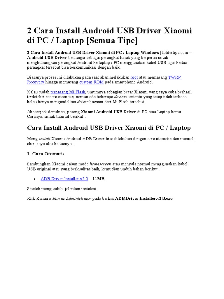 2 Cara Install Android USB Driver Xiaomi Di PC Laptop (Semua Tipe) | PDF