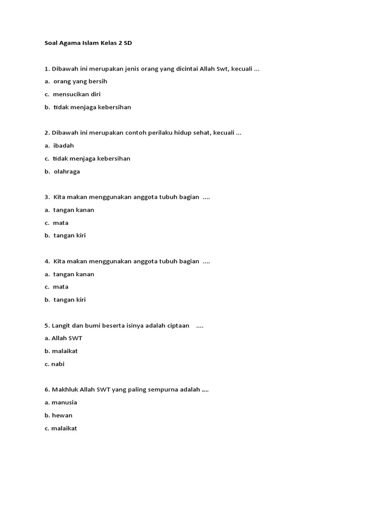 Soal Agama Islam Kelas 2 SD | PDF