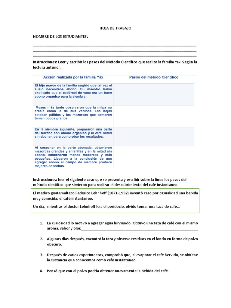 HOJA DE TRABAJO Metodo Cientifico | PDF | Negocios