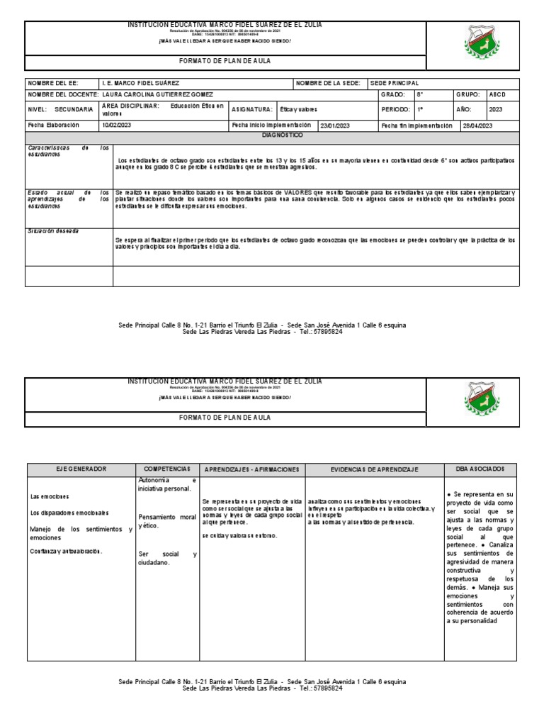 Plan de Aula Etica y Valores 8 | PDF | Evaluación | Salón de clases