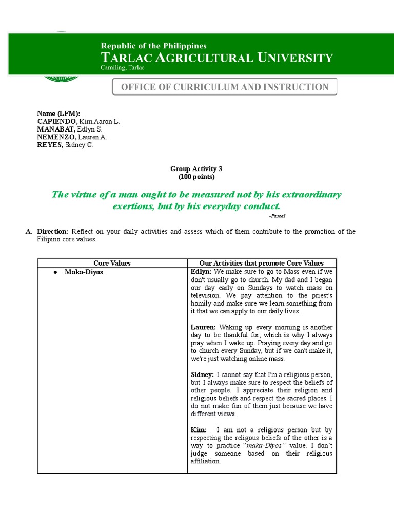 Assessing Daily Activities that Promote Filipino Core Values | PDF ...