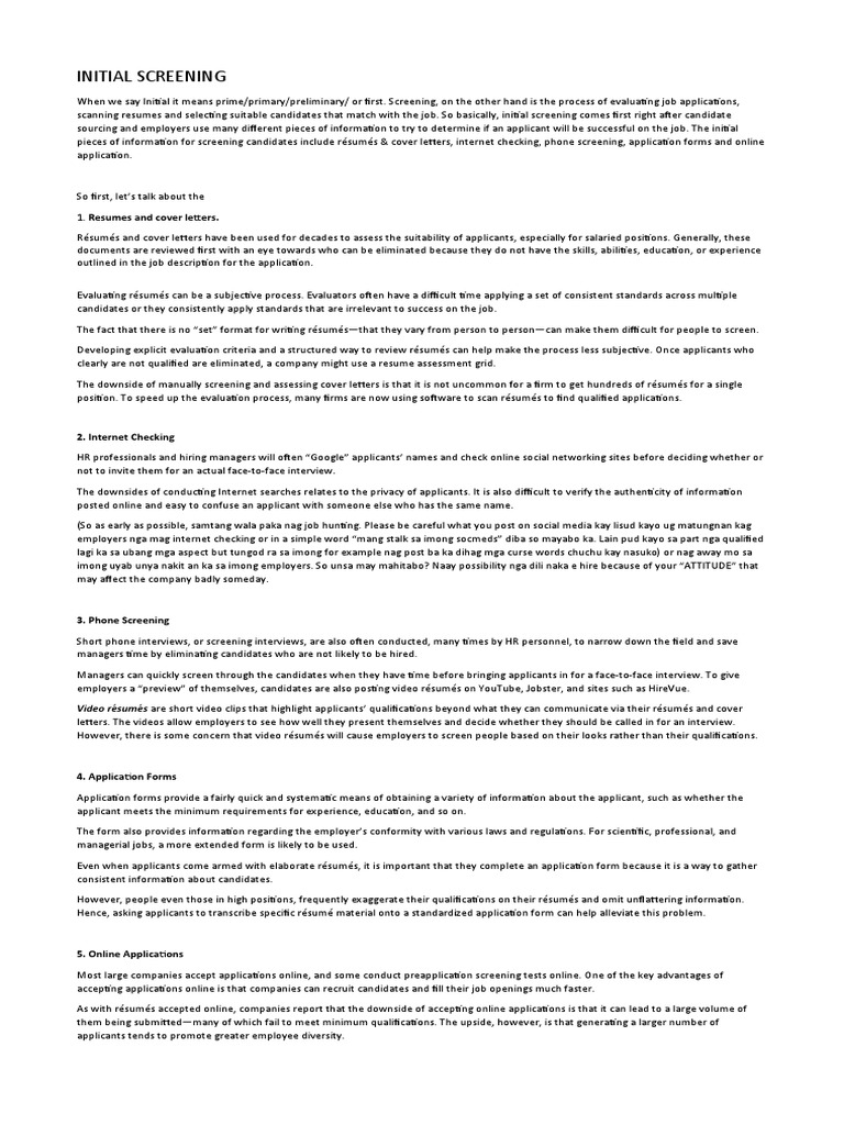 Initial Screening | PDF | Résumé | Cognitive Science