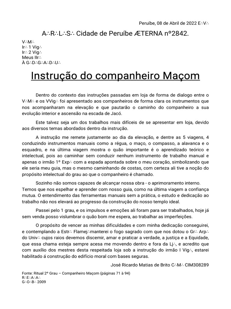 Instrução Do Companheiro Maçom - Ricardo Brito | PDF Instrução Do Companheiro Maçom - Ricardo Brito | PDF