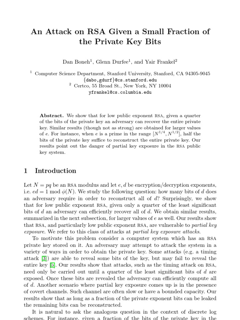 An Attack On RSA Given A Small Fraction of The Private Key Bits | PDF ...