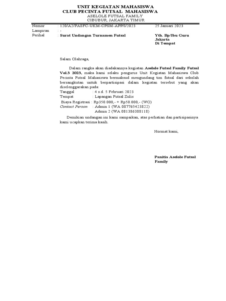 Undangan Turnamen Futsal 2023 | PDF