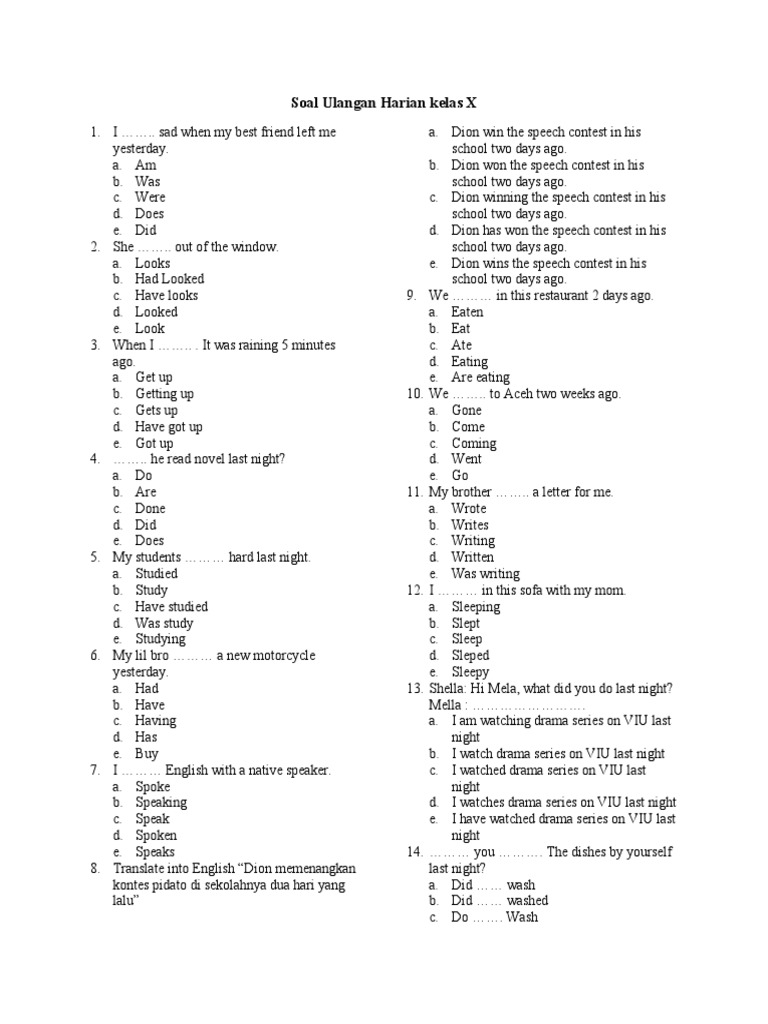 FIX Soal Ulangan Harian Kelas X Simple Past Tense Mode 2 | PDF ...