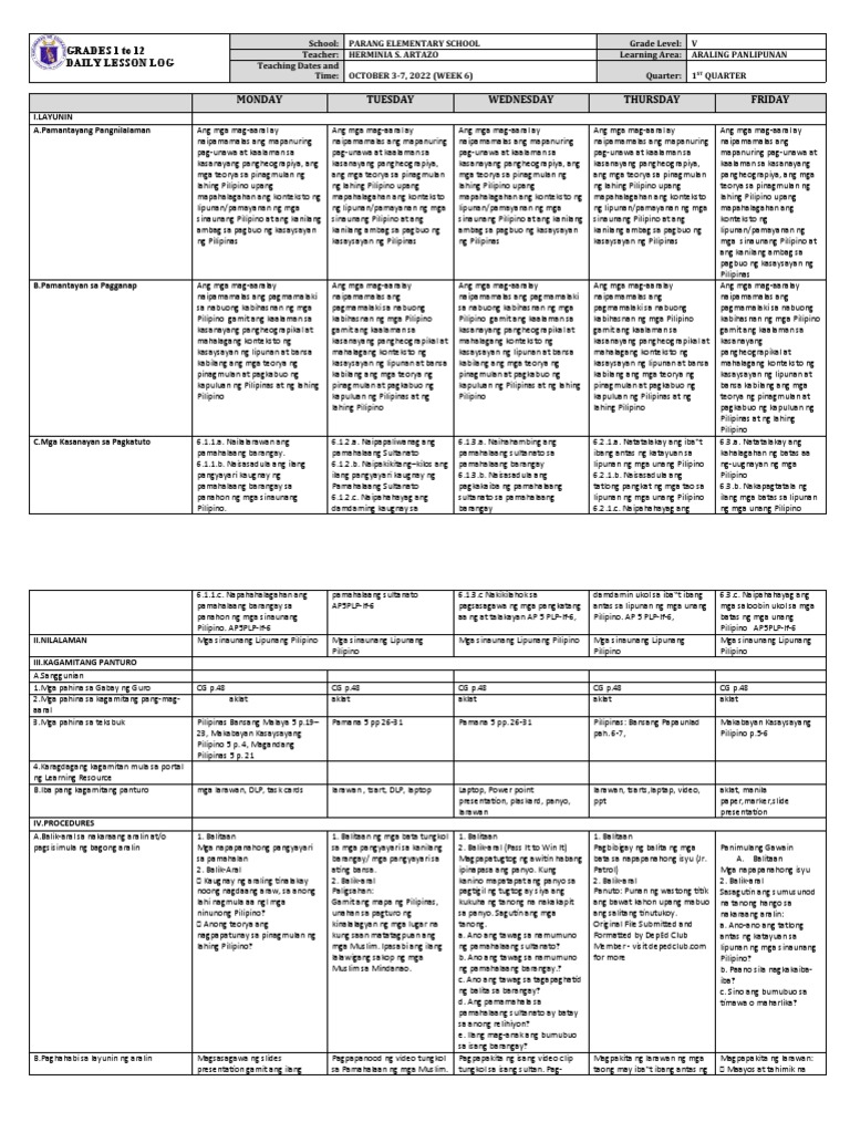 DLL Araling Panlipunan 5 q1 w6 | PDF