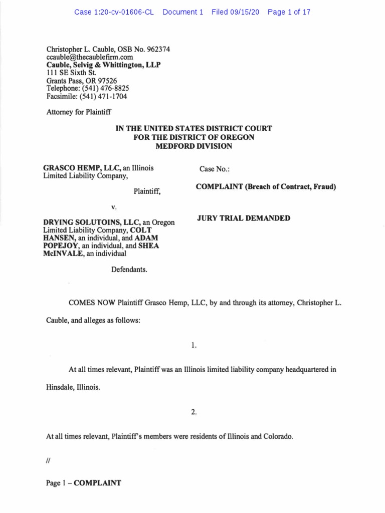 Grasco Hemp (Grasso) V Drying Solutions | PDF | Damages | Complaint