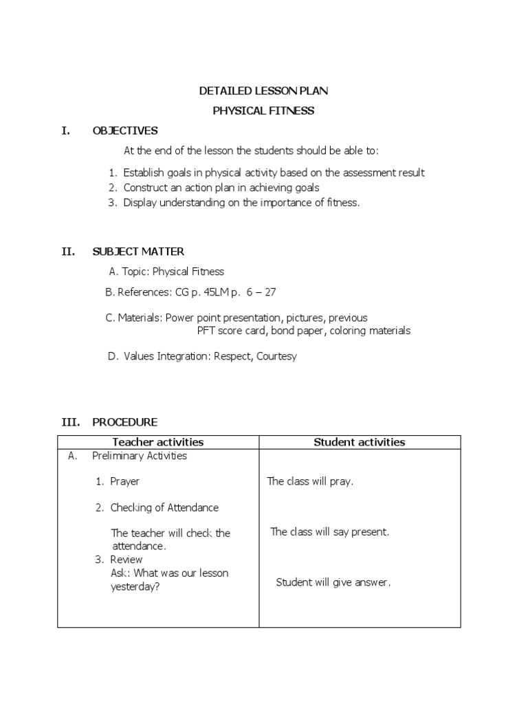 Physical Fitness Lesson Plan | PDF | Teachers | Physical Fitness