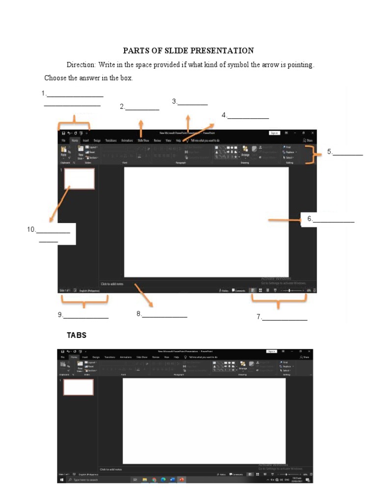 PARTS OF SLIDE PRESENTATION Activity Sheet | PDF