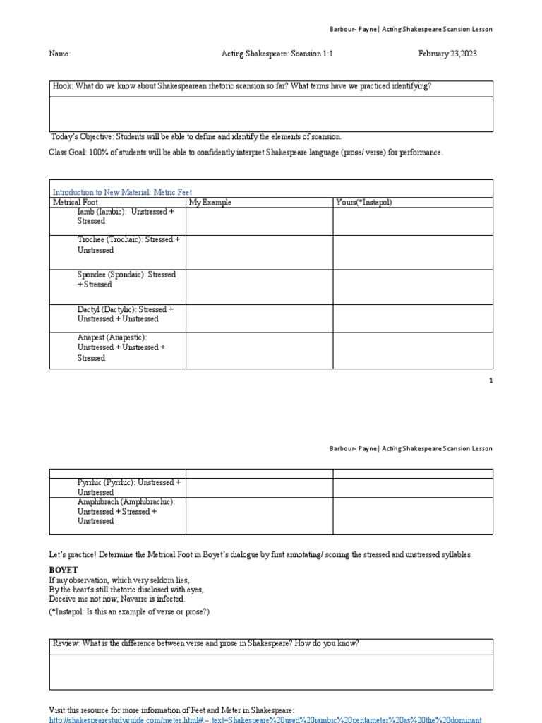 Acting Shakespeare Scansion Assignment Worksheet | PDF | Metre (Poetry ...