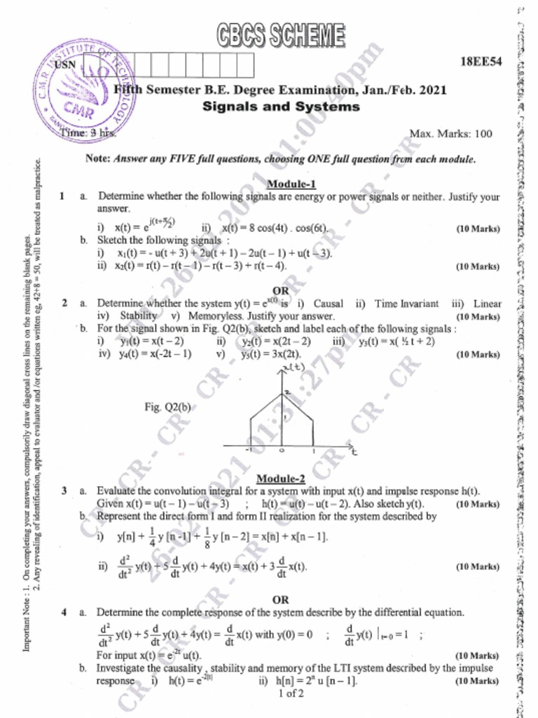 VTU Question Paper of 18EE54 Signals and Systems Jan-2021 | PDF