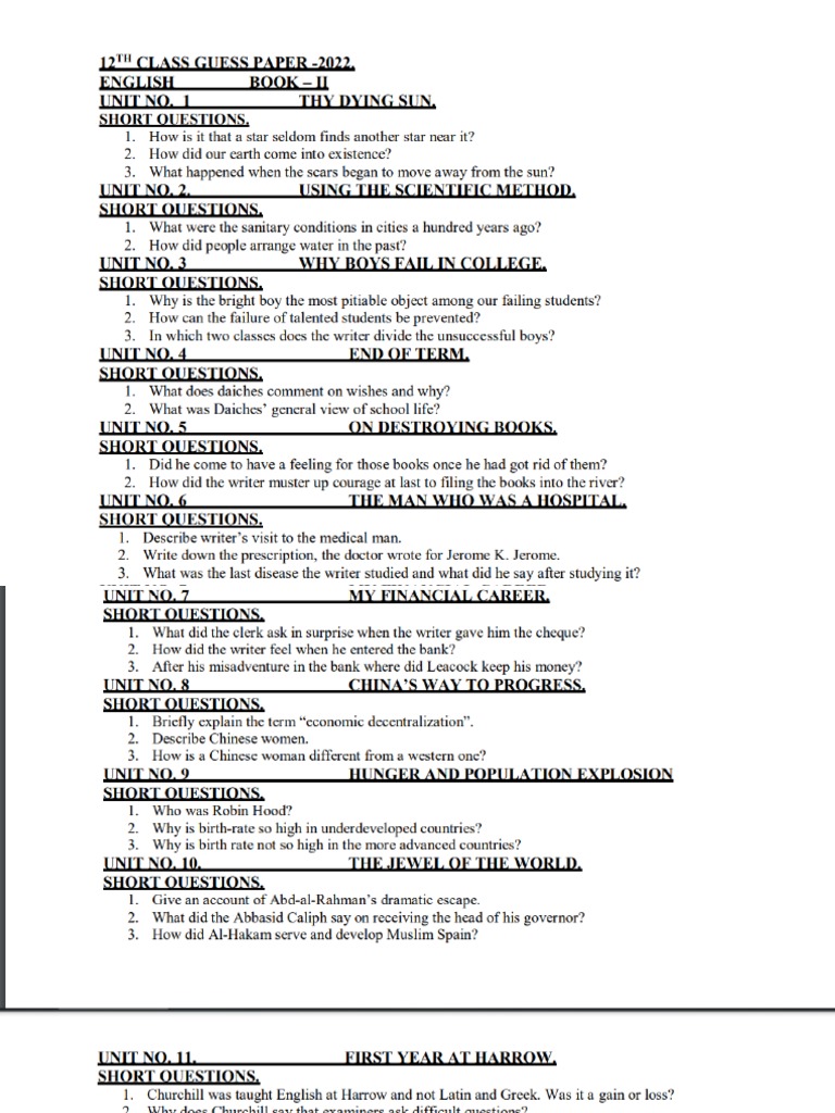 12th Class English Guess Paper 2022 | PDF