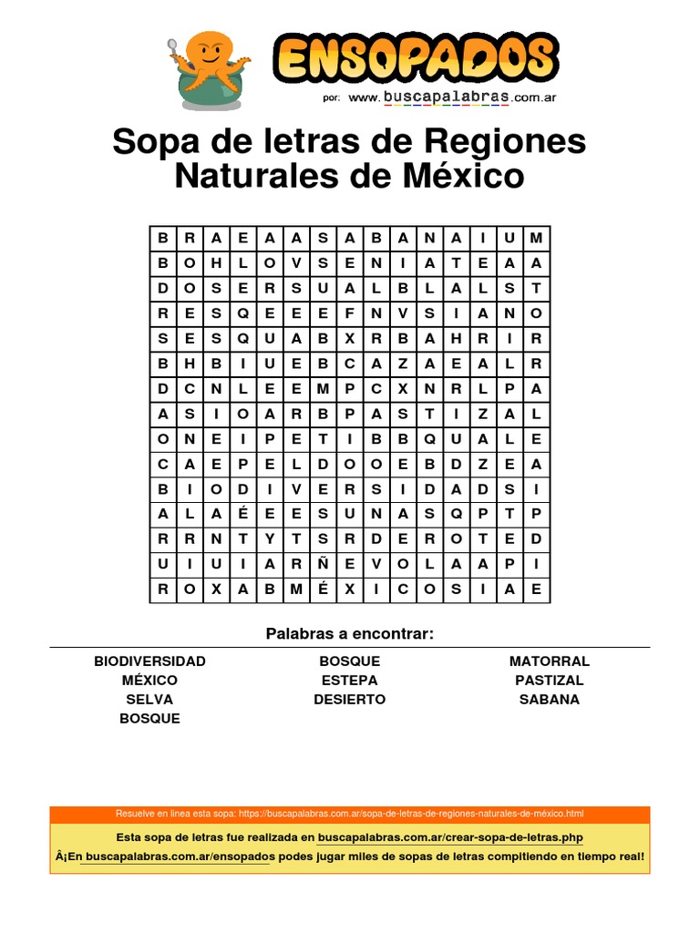 Sopa de Letras de Regiones Naturales de México | PDF | Estudios de ...