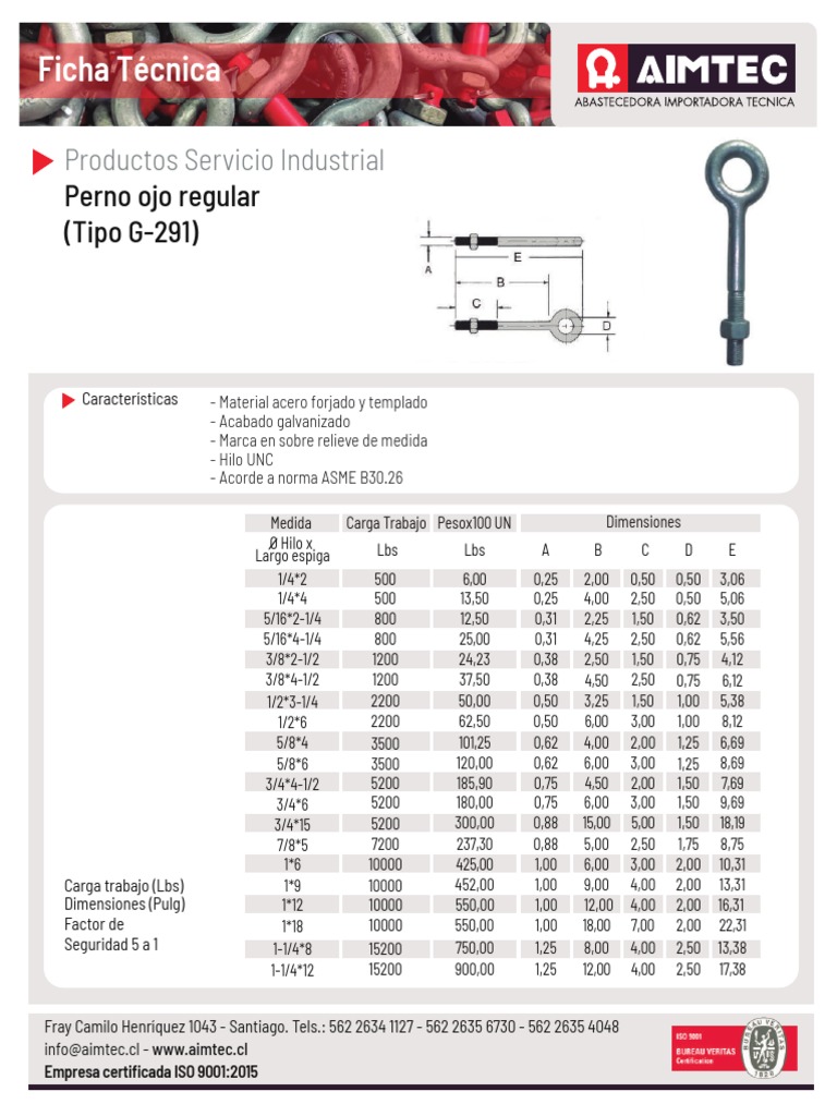 Ficha Técnica de Pernos Ojo Galvanizados | PDF