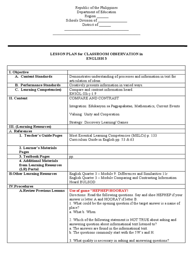 Co Lesson Plan English 3 Quarter 3 | PDF | Lesson Plan | Learning