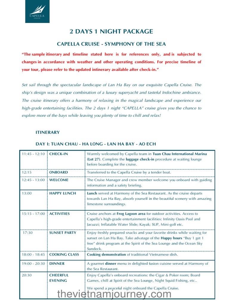 Capella Cruise Itinerary 2022 - 2 Days 1 Night (Lan Ha Bay) | PDF ...