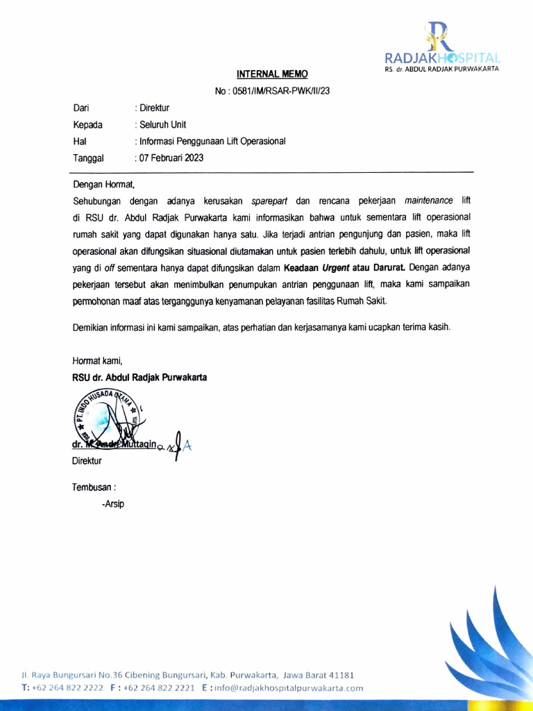 0581 Internal Memo Informasi Penggunaan Lift Operasional | PDF