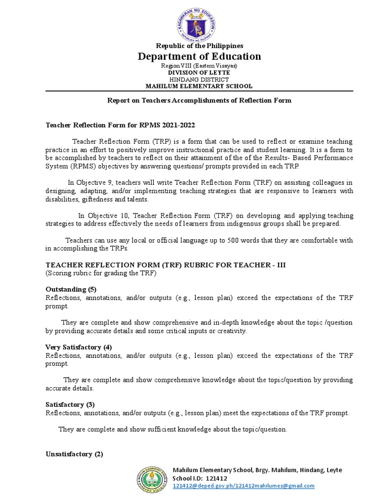 KRA4 Obj1.2 (Report On Teachers Accomplishments of Reflection Form ...