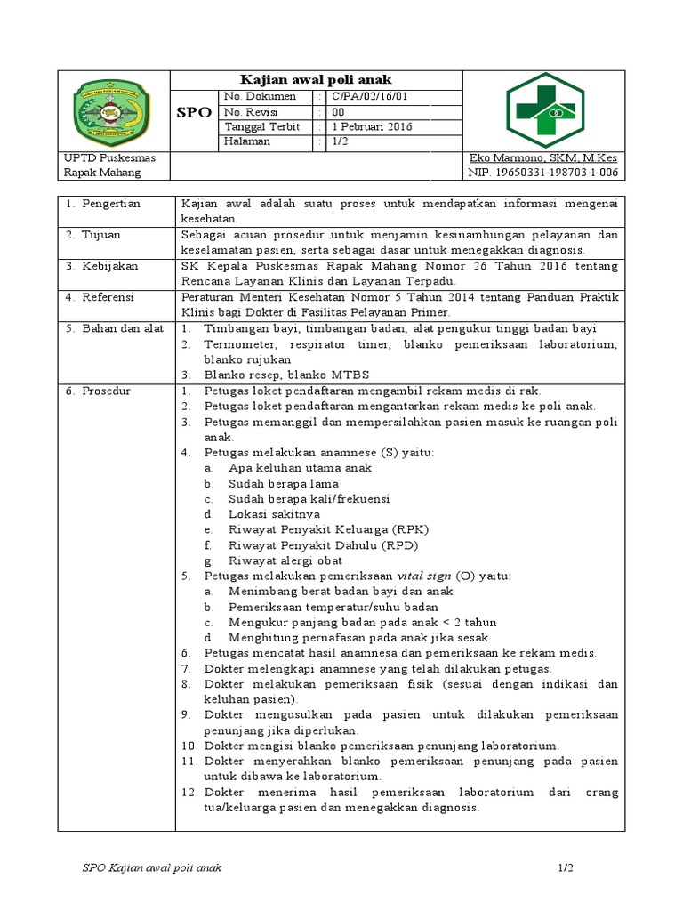 SPO 01 Kajian Awal Poli Anak | PDF | Sains & Matematika